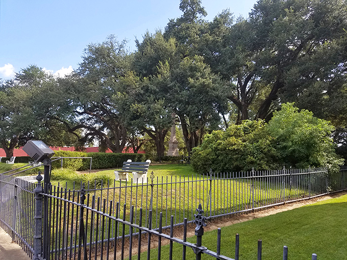 A peaceful garden oasis where ancient trees stand guard over manicured lawns&mdash;nature's version of a Southern living room where the ceiling is endless blue.