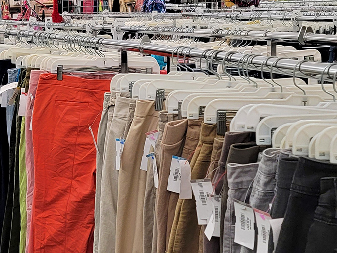 The rainbow of pants tells a color story more interesting than most modern art. Each hanger holds not just clothing, but possibility.