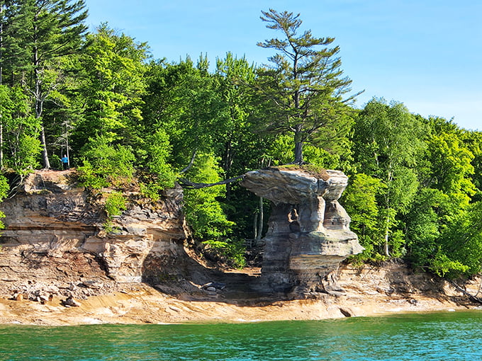 Mother Nature showing off her sculpting skills at Pictured Rocks, where sandstone cliffs meet turquoise waters in a geological masterpiece.