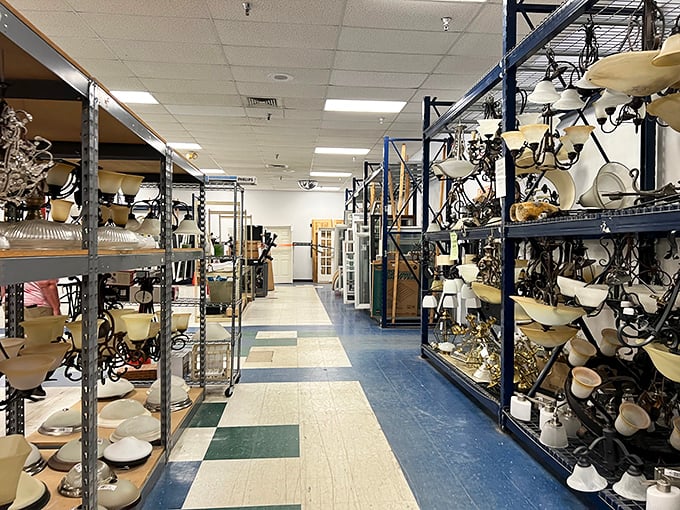 Light fixture heaven stretches as far as the eye can see. One person's discarded chandelier is another's "where have you been all my life?"