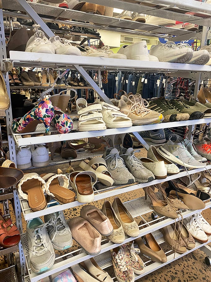 A shoe lover's paradise awaits &ndash; from floral wedges to pristine sneakers, all neatly arranged and ready for adoption.