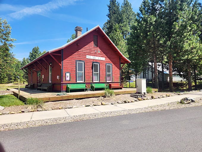 All aboard nostalgia! The cherry-red Sumpter Depot welcomes visitors to journey back in time on the narrow-gauge railway that once connected this mountain hamlet to civilization.