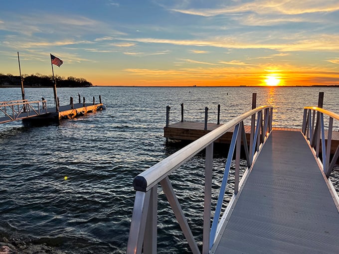 Golden hour transforms Lake Ray Hubbard into liquid amber. The kind of view that makes you forget to check your phone.