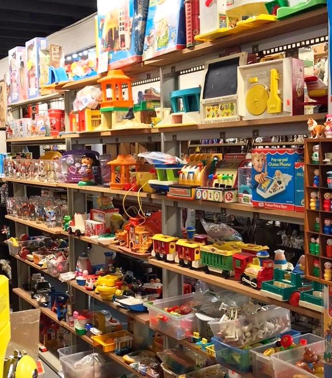 Fisher-Price villages and vintage toys stacked high enough to make any grandparent's heart skip a nostalgic beat or two.