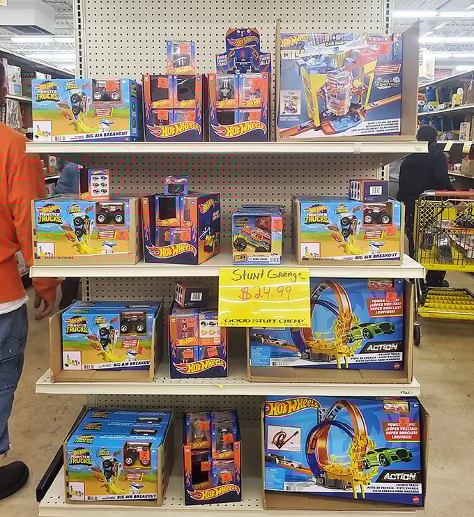 Hot Wheels heaven! The toy section transforms adults into kids again, as forgotten birthday gifts suddenly become possible without the usual wallet-emptying experience.