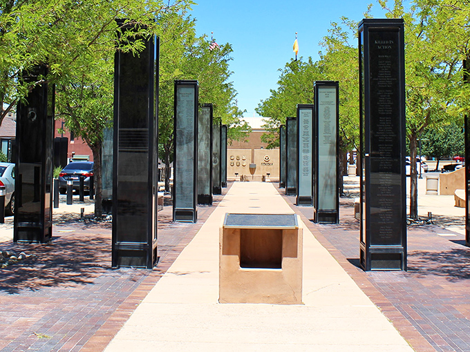 The Veterans Memorial Pillars offer a moment of reflection amid Gallup's bustling life, honoring service with dignified simplicity.