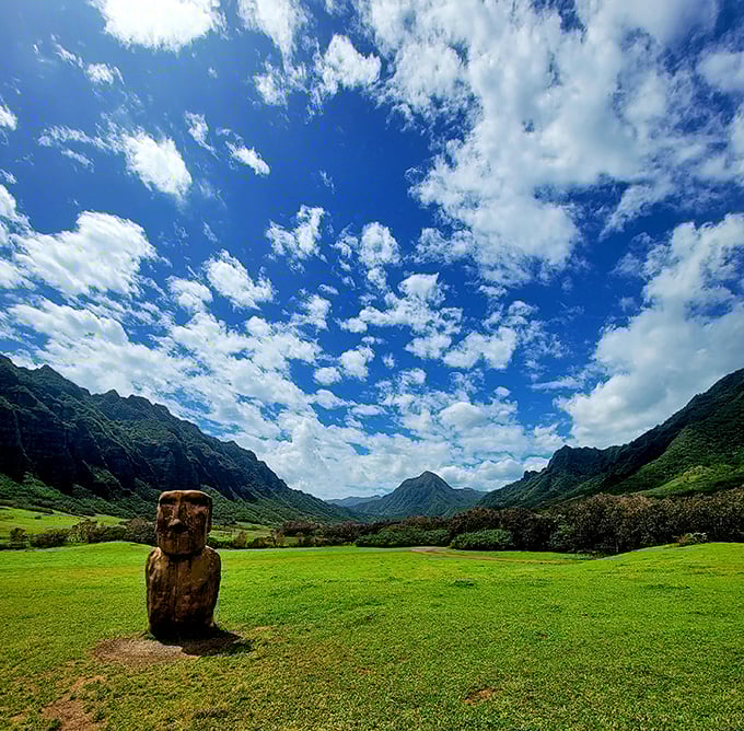 Under skies that seem impossibly blue, this valley has starred in countless films. Even that wooden statue seems to be enjoying the view!