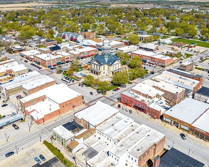 From above, Winterset's town square reveals its perfect small-town geometry and timeless American charm.