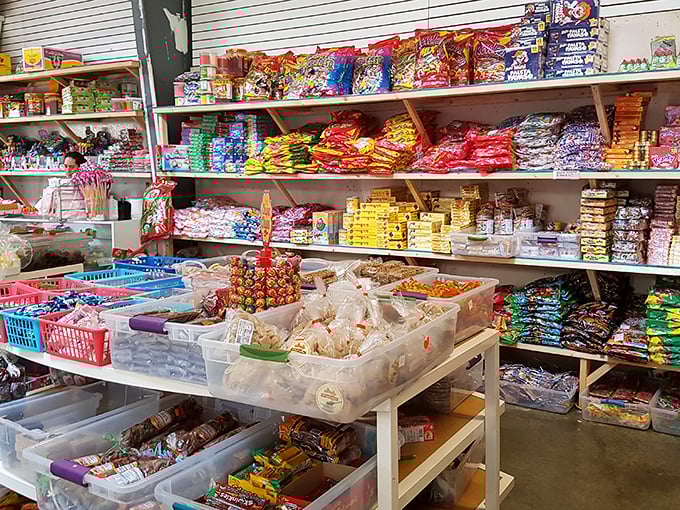 A candy wonderland that would make Willy Wonka jealous&mdash;Mexican sweets and treats stacked to the ceiling.