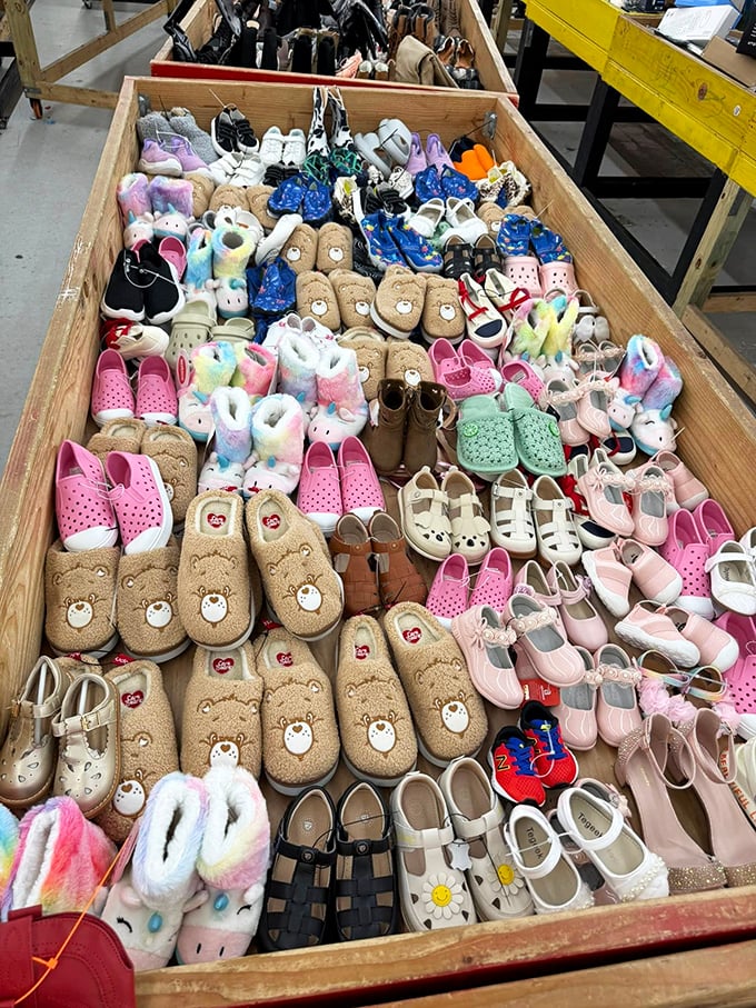Tiny shoes, massive savings. This wooden bin of children's footwear could outfit an entire preschool without breaking anyone's piggy bank.