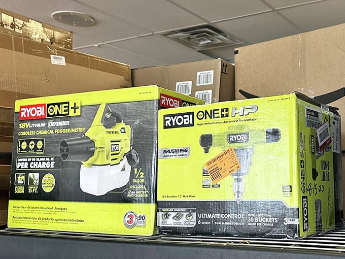 Ryobi power tools still boxed and ready for action – your garage has never looked so promising.