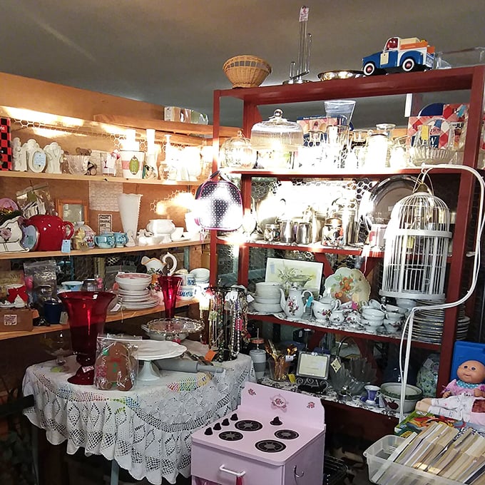 Glassware heaven! This booth sparkles with decades of dining history &ndash; from Depression glass to mid-century modern serving pieces waiting for their second act.