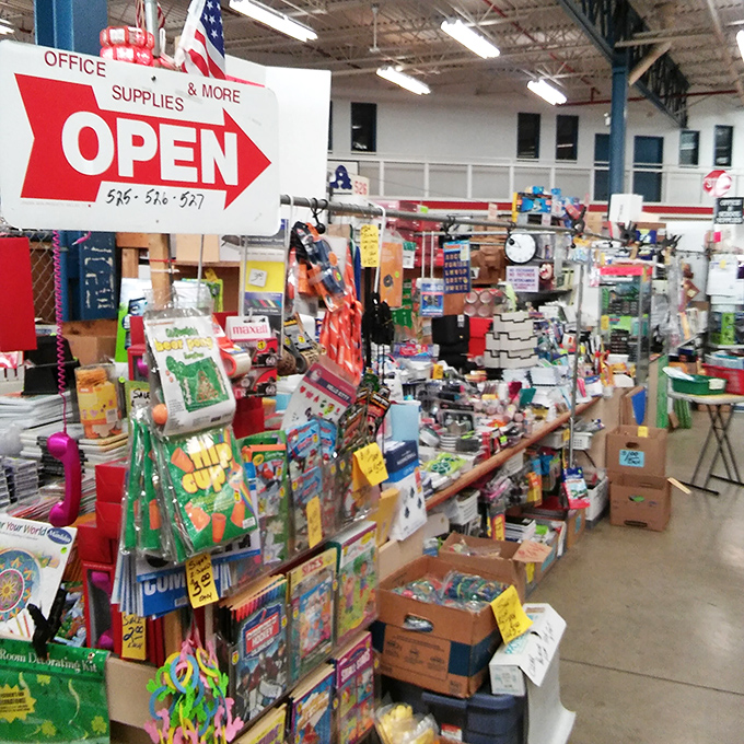 Office supplies, toys, and knick-knacks compete for attention in this sensory overload of a stall. Marie Kondo would have a panic attack.
