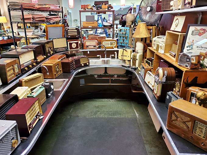 Radio heaven! This impressive collection of vintage audio equipment proves that before Spotify, people got their music from gorgeous wooden boxes with actual knobs.