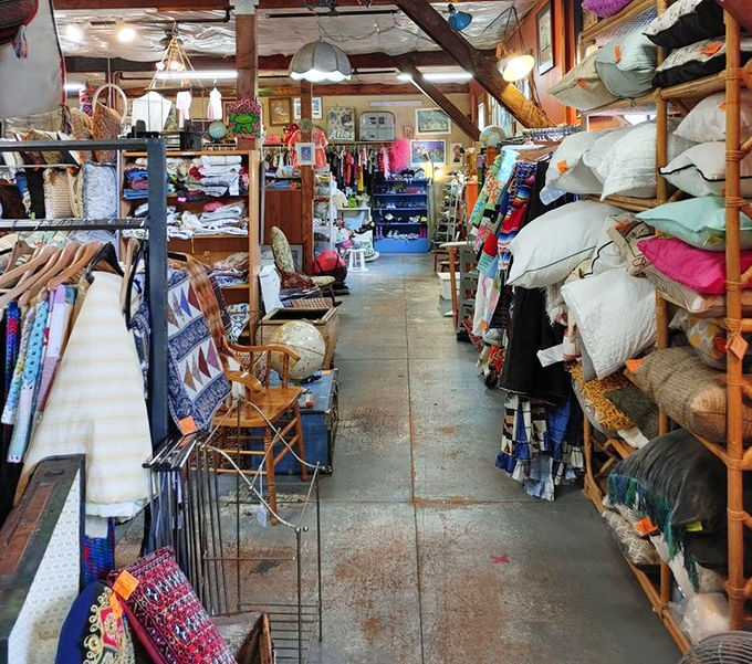 Pillows, textiles, and home goods create a cozy labyrinth where one person's discards become another's cherished finds.