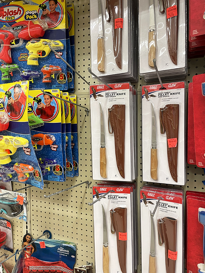 Where else can you find water guns and fillet knives side by side? It's like the retail version of "one of these things is not like the other."