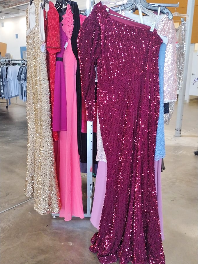 Red carpet ready without the red carpet prices! Sequined gowns in burgundy, gold, and pink await their next special occasion.