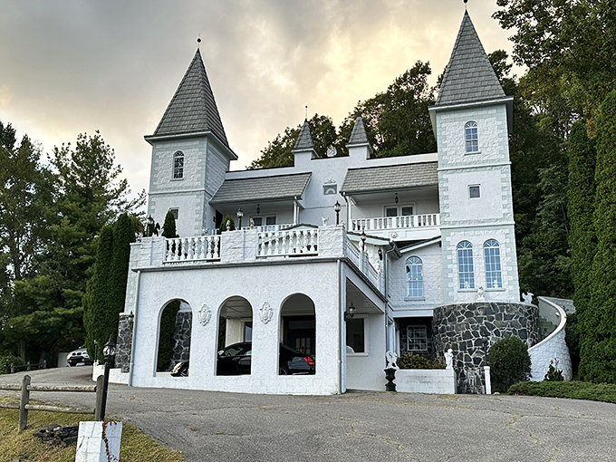 The castle's dramatic silhouette against moody skies could convince anyone they've stumbled onto a movie set rather than a hidden gem in Spruce Pine.