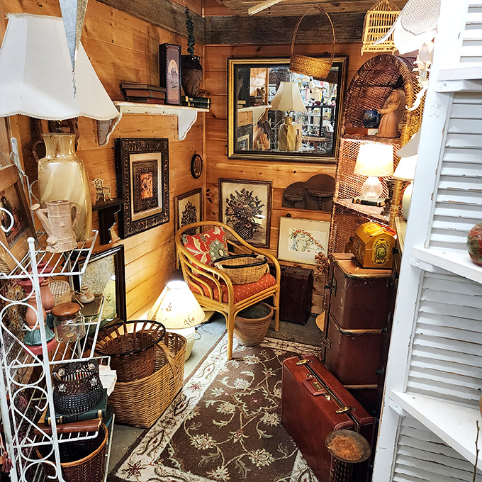 This cozy wooden nook feels like your eccentric aunt's guest room&mdash;if your aunt collected wicker chairs and vintage suitcases with impeccable taste.