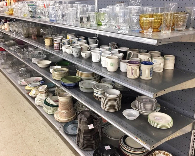 Dishware heaven! One person's castoff china is another's dinner party conversation starter. Mismatched mugs just waiting to hold your morning coffee.