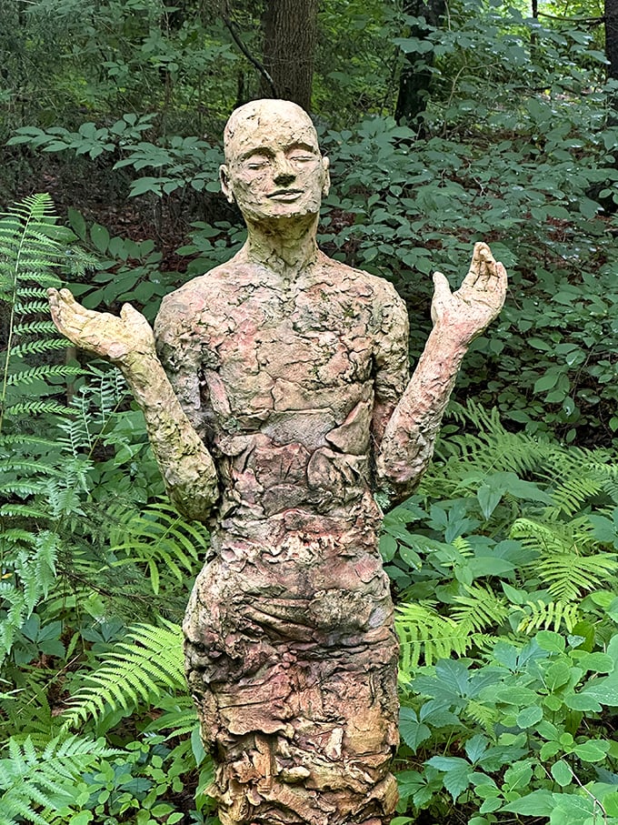 Nature reclaiming humanity or humanity embracing nature? This haunting sculpture makes you ponder while the ferns whisper their ancient secrets.