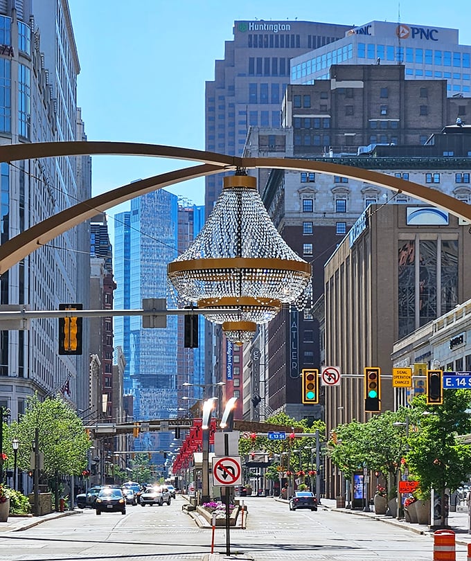 Playhouse Square's giant chandelier dangles like a diamond earring above Euclid Avenue, adding theatrical flair to everyday commutes.