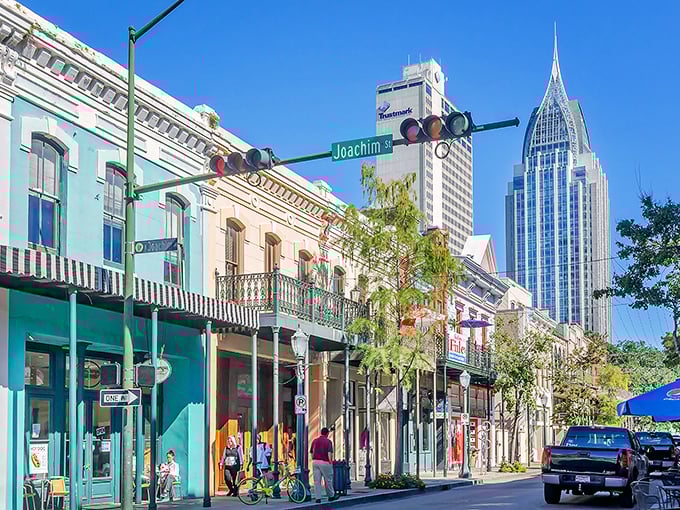 Dauphin Street's colorful facades create a vibrant tapestry against Mobile's skyline, where shopping, dining, and history converge in delightful harmony.