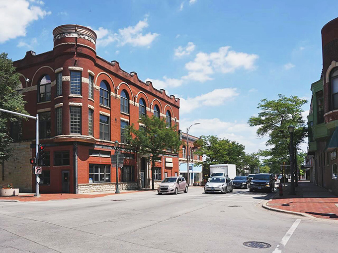 Red brick buildings with character to spare line Joliet's historic district, where small-town charm meets big-city architectural ambition.