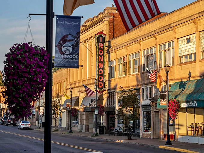 Golden hour bathes downtown Ironwood in warm light, transforming ordinary storefronts into a nostalgic postcard from America's heartland.