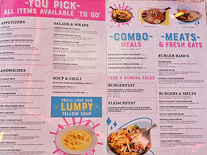 This isn't just a menu—it's a manifesto of Midwestern comfort cuisine where "Lumpy Yellow Soup" isn't a warning, it's a delicious promise.