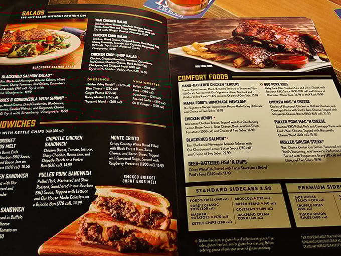 The menu reads like a love letter to American comfort food, with burgers taking center stage in this automotive culinary symphony.