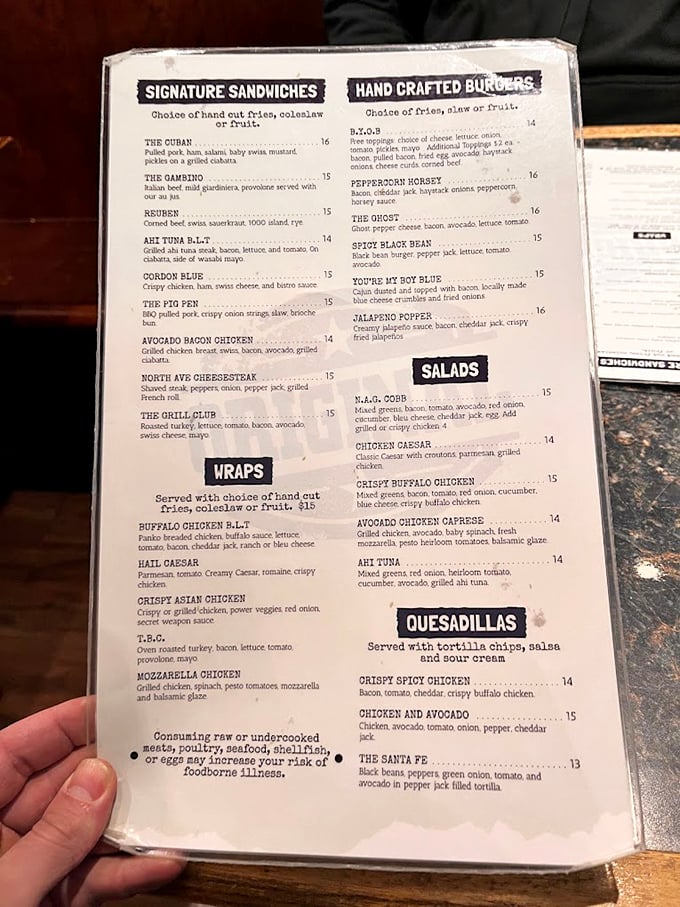 The menu reads like a love letter to American comfort food classics, each item promising the kind of satisfaction that makes you lean back and sigh contentedly.