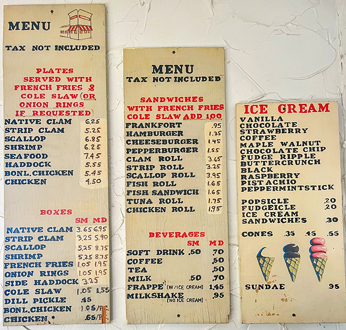 A menu board frozen in time&mdash;when prices were lower but expectations just as high. The illustrated ice cream cones are practically winking at you.