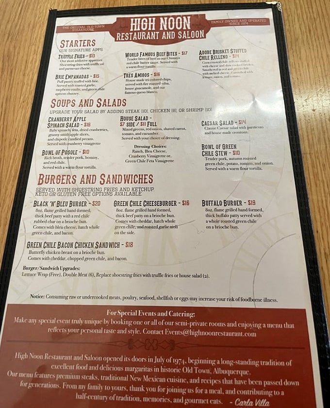 This menu isn't just a list of dishes &ndash; it's a roadmap to flavor country where green chile reigns supreme and beef gets the royal treatment.