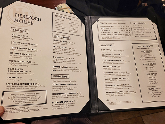 This menu isn't just reading material—it's a roadmap to carnivorous bliss, with prime rib as the ultimate destination for your taste buds.