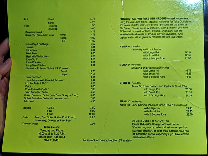 The menu reads like a love letter to Hawaiian cuisine, with combination plates that let you sample multiple island specialties in one sitting.