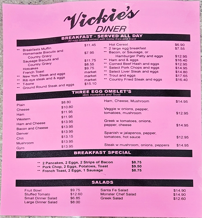 The pink menu at Vickie's is a roadmap to happiness, offering everything from three-egg omelets to country-style gravy that would make your cardiologist wince with delight.