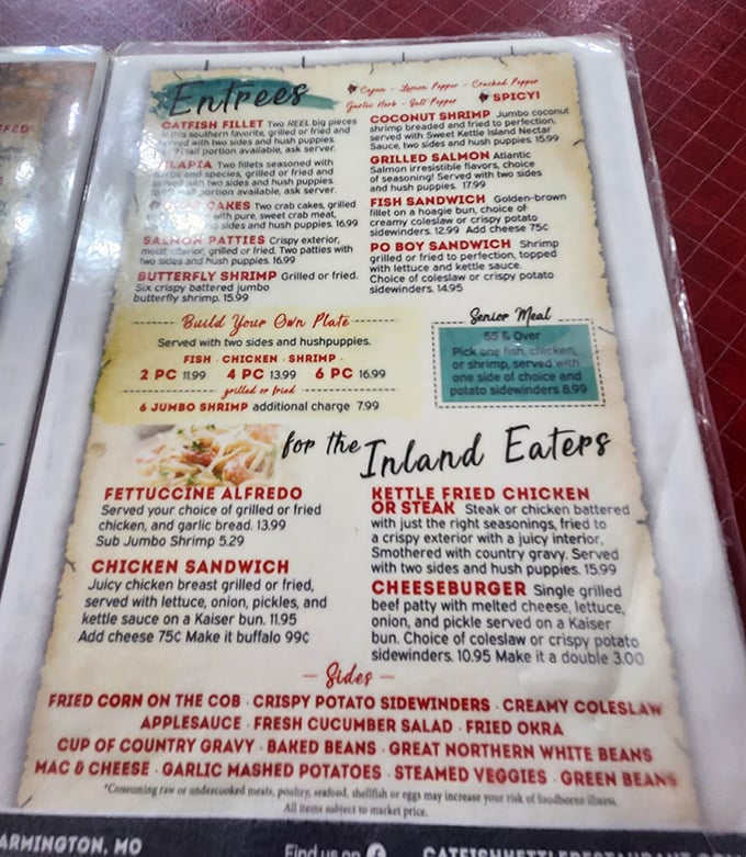 A menu that doesn't need fancy fonts or flowery descriptions&mdash;just honest food that speaks for itself. The "Inland Eaters" section says it all.