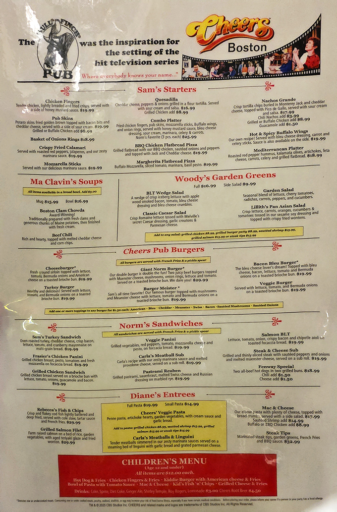 The menu reads like a love letter to comfort food, with character-inspired dishes that would make Norm Peterson order seconds.