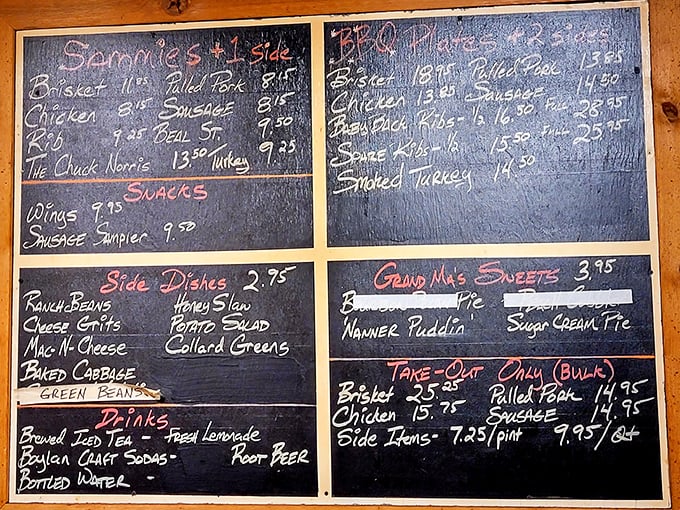 The chalkboard menu&mdash;barbecue's version of a stock ticker&mdash;where the day's smoky treasures are listed until the dreaded "sold out" appears.