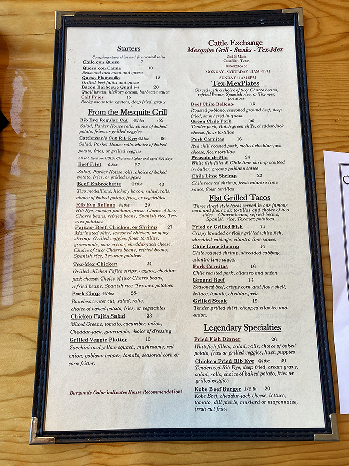 A menu that reads like a love letter to beef. The burgundy highlights are house recommendations, but honestly, you can't make a wrong choice here.