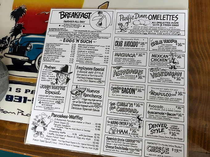 This illustrated menu is a roadmap to happiness. The John Wayne Special? Now that's a breakfast with grit and substance.