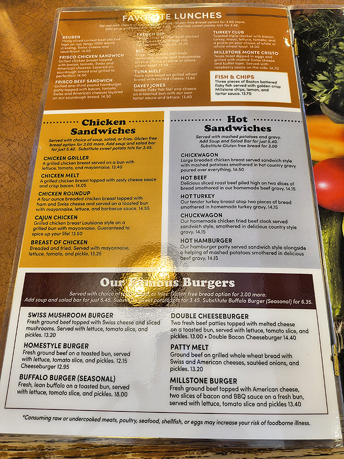 A menu that reads like a greatest hits album of American comfort food. Each description is a tiny love letter to hunger.