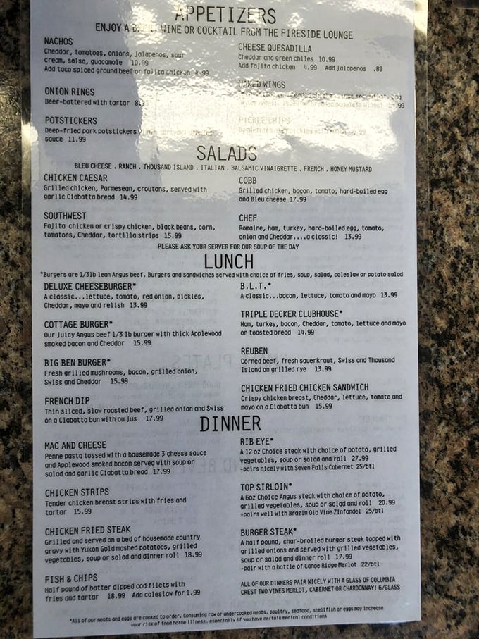 A menu that reads like a love letter to American comfort food. The chicken fried steak isn't just a meal, it's practically the town mascot.