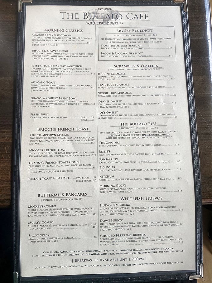 The menu reads like a love letter to breakfast enthusiasts. Buffalo Pies steal the spotlight, while French toast and benedicts wait patiently in the wings.