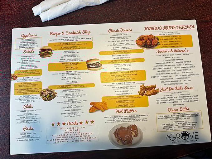 The menu reads like a love letter to American comfort food, with each section promising more delicious possibilities than the last.