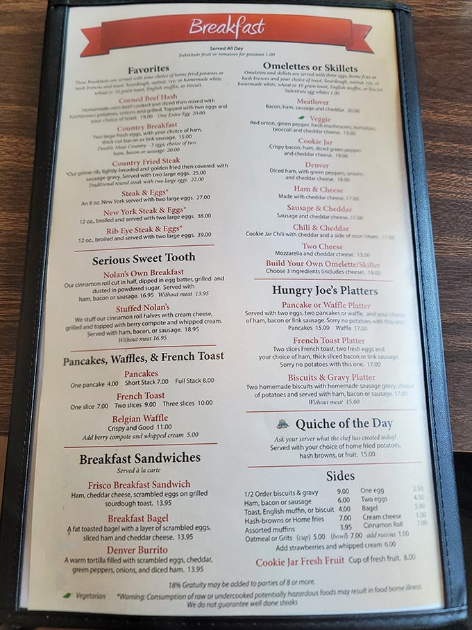 The breakfast menu reads like a love letter to morning hunger. Each option promises to fortify you against whatever Mother Nature has planned for the day.