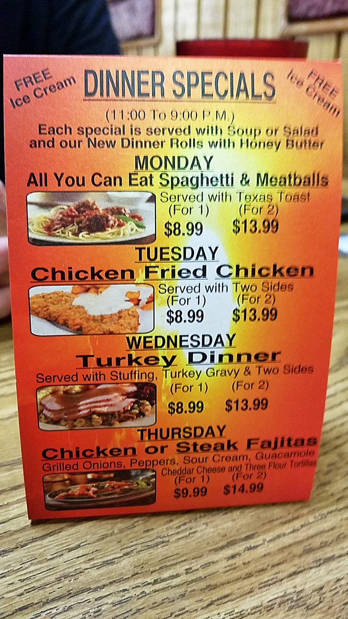 Daily dinner specials that include free ice cream? That's not just a meal, that's therapy with a cherry on top.