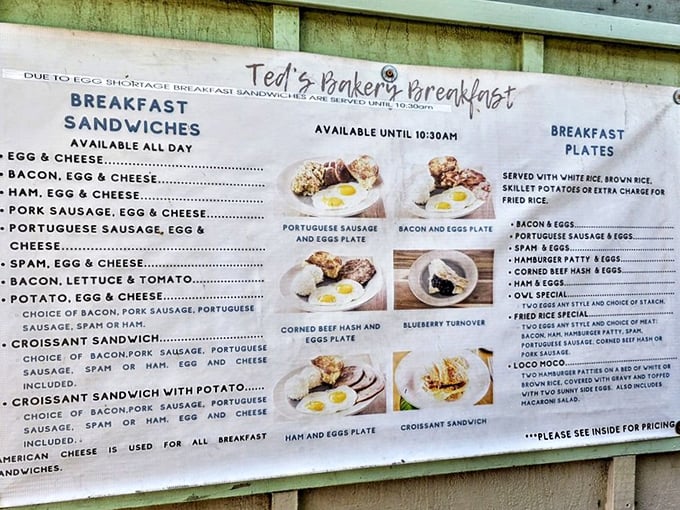 The breakfast menu reads like a love letter to Hawaiian comfort food, where Portuguese sausage and SPAM get equal billing with more traditional morning fare.