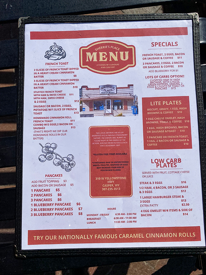 This menu isn't just a list of options&mdash;it's a roadmap to happiness with those nationally famous caramel cinnamon rolls calling your name.